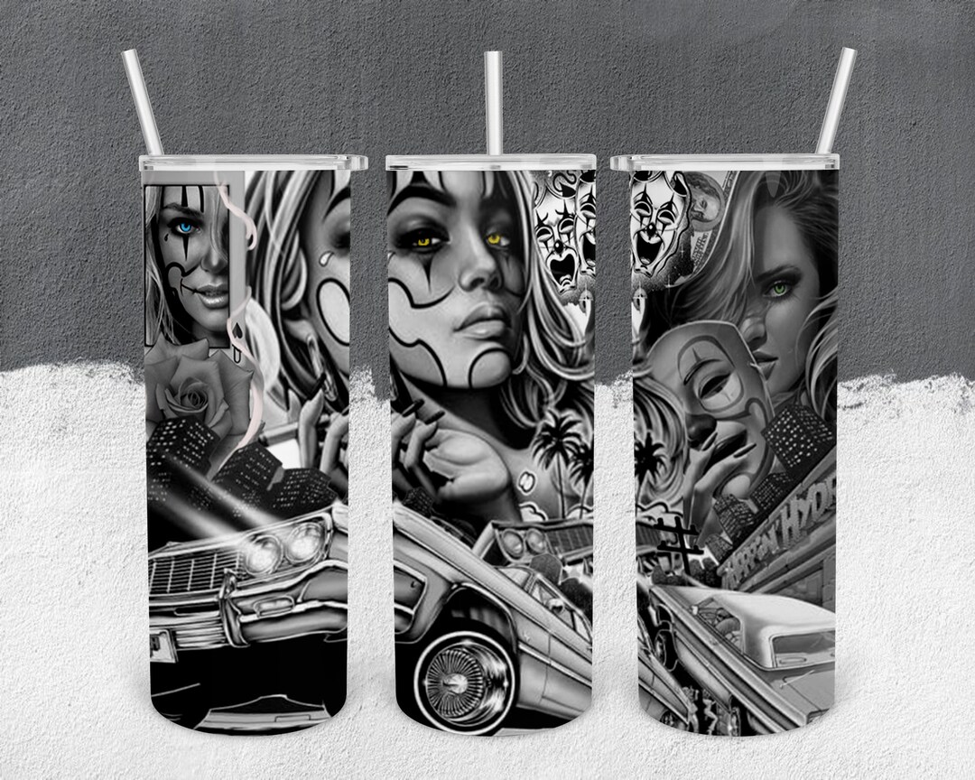 Chicano Art Girl Tattoo Old School 20oz Skinny Lowrider Tumbler Wrap ...