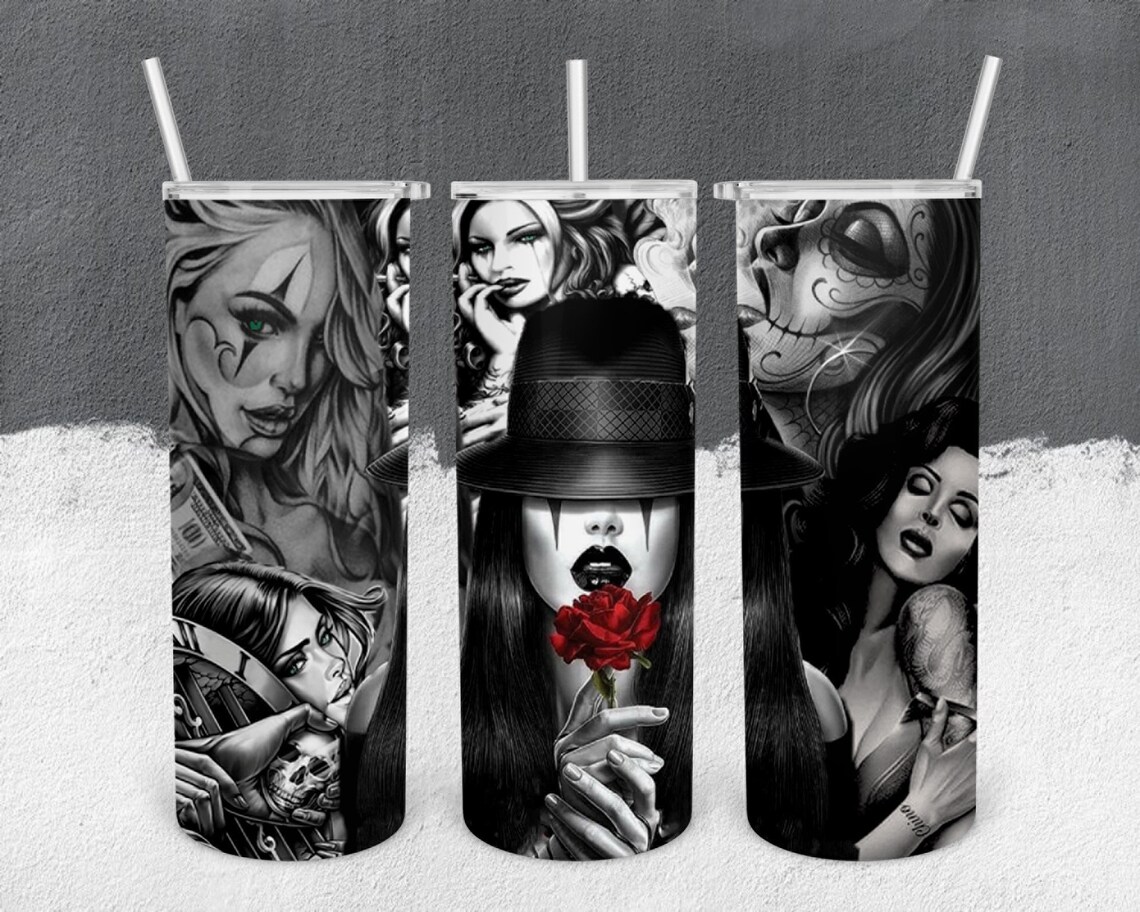 Chicano Art Girl Tattoo Old School 20oz Skinny Tumbler Template Wrap ...