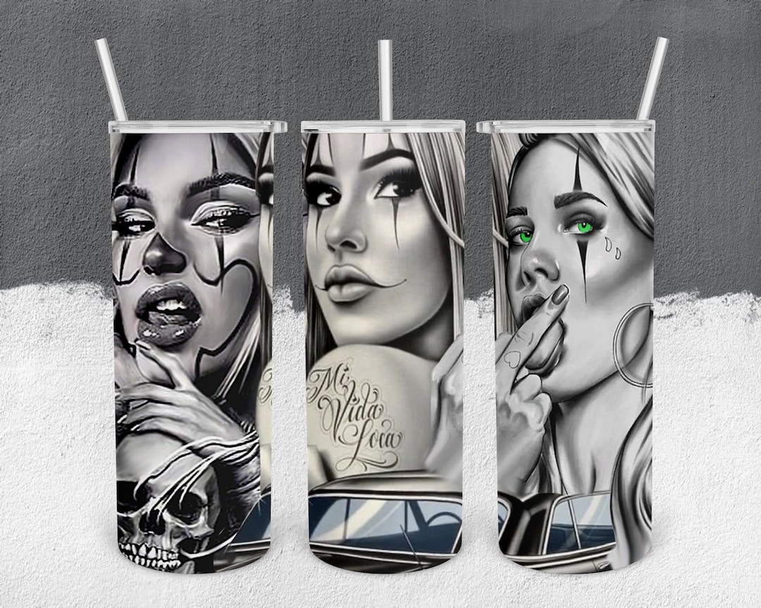 Chicano Art Girl Tattoo Old School 20oz Tumbler Lowrider Wrap Black ...