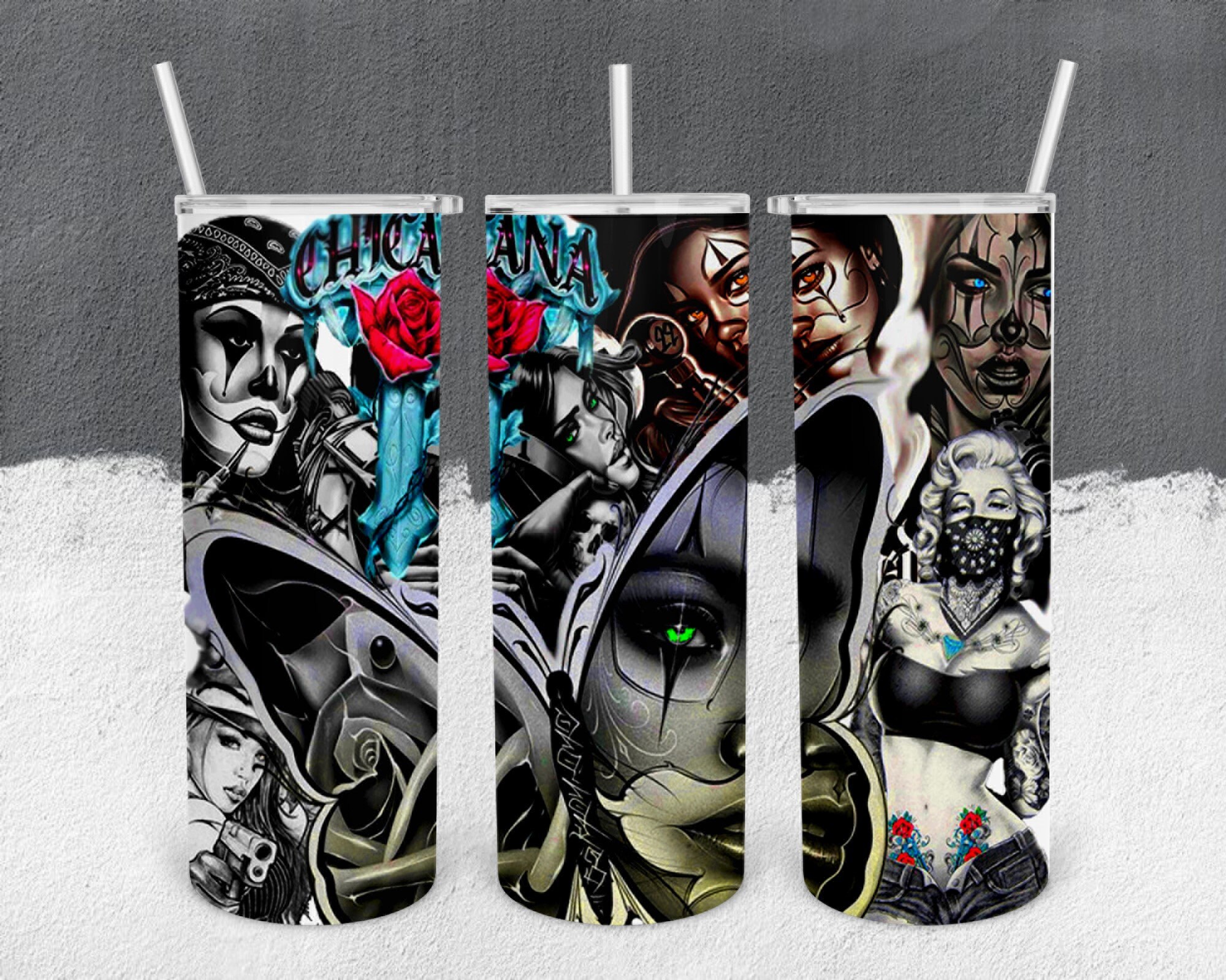 Chicano Art Girl Tattoo Old School 20oz Skinny Tumbler Template Wrap ...