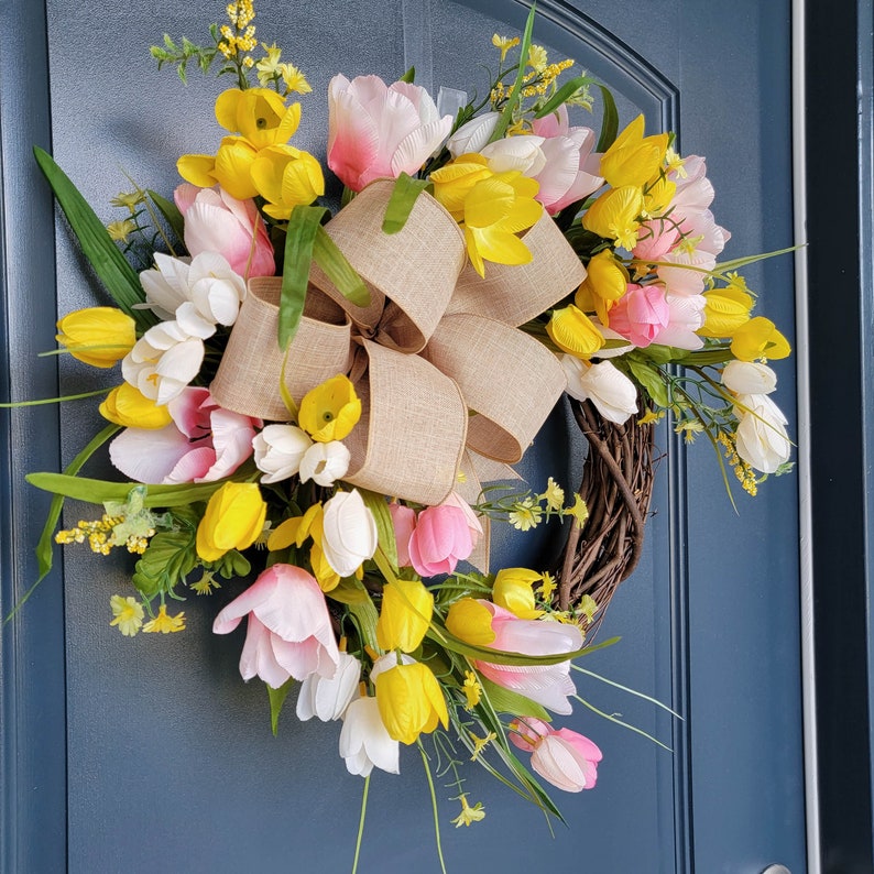 Pink and Yellow Spring Wreath, Door Wreath With Tulips, Elegant Wreaths ...