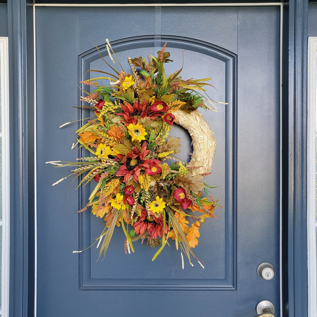 Rustic Fall Straw Wreath With Sunflowers for Front Door, Autumn ...