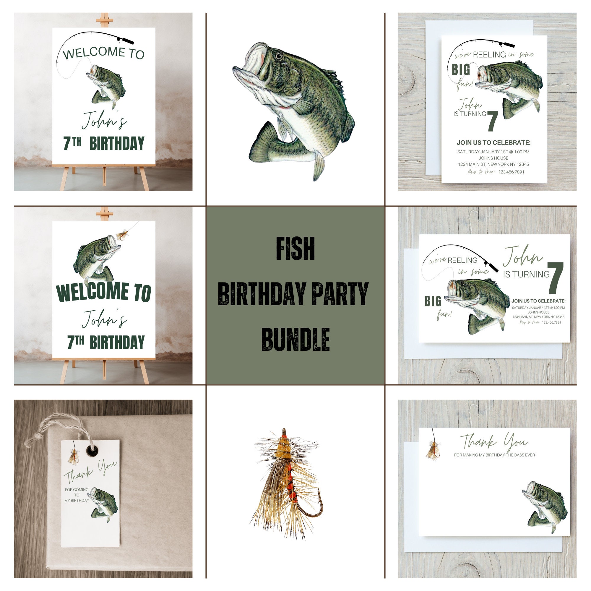 Fish Birthday Bundle, Bass Birthday Bundle, Invitation, Thank You Card ...