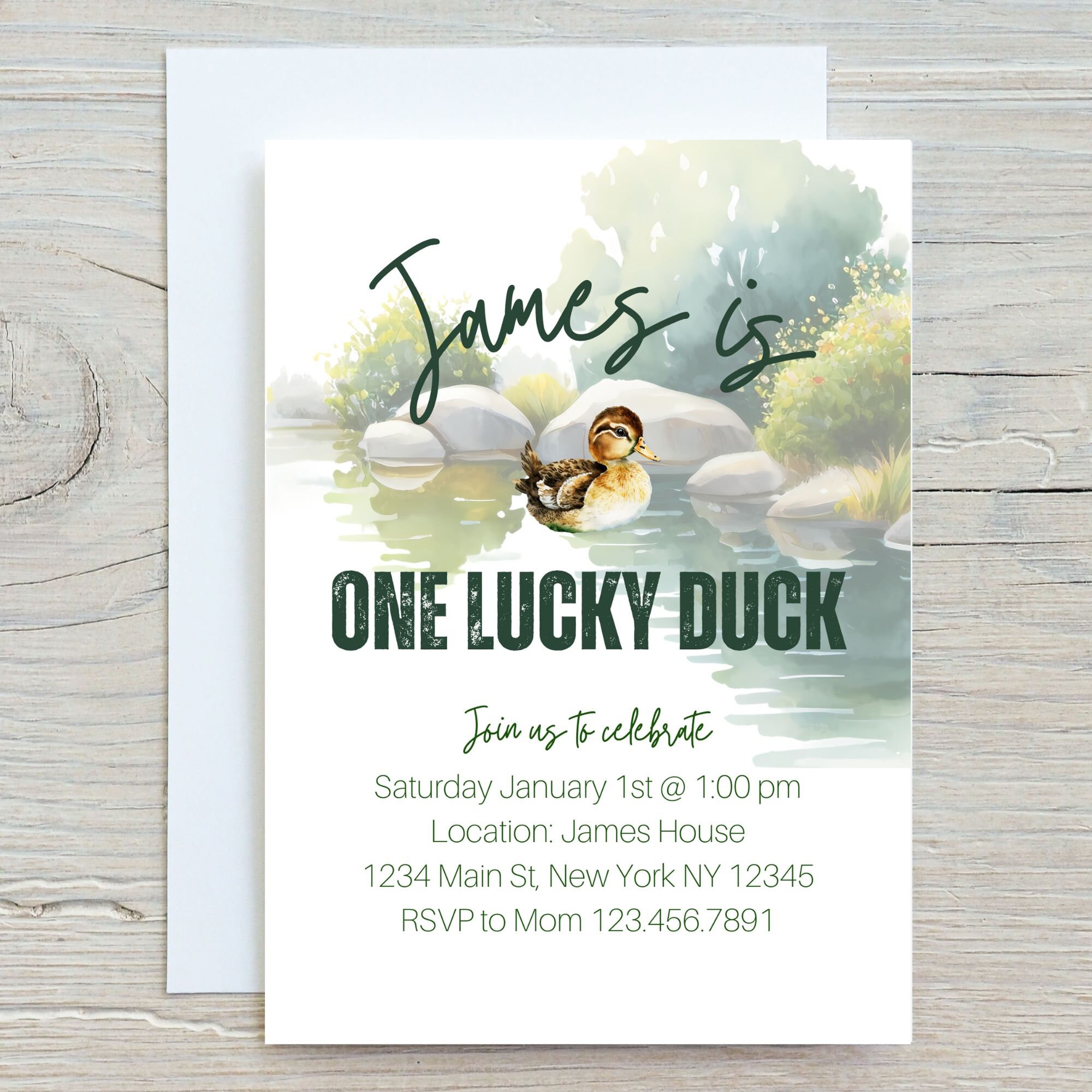 EDITABLE Una invitación de cumpleaños del pato afortunado, primer ...