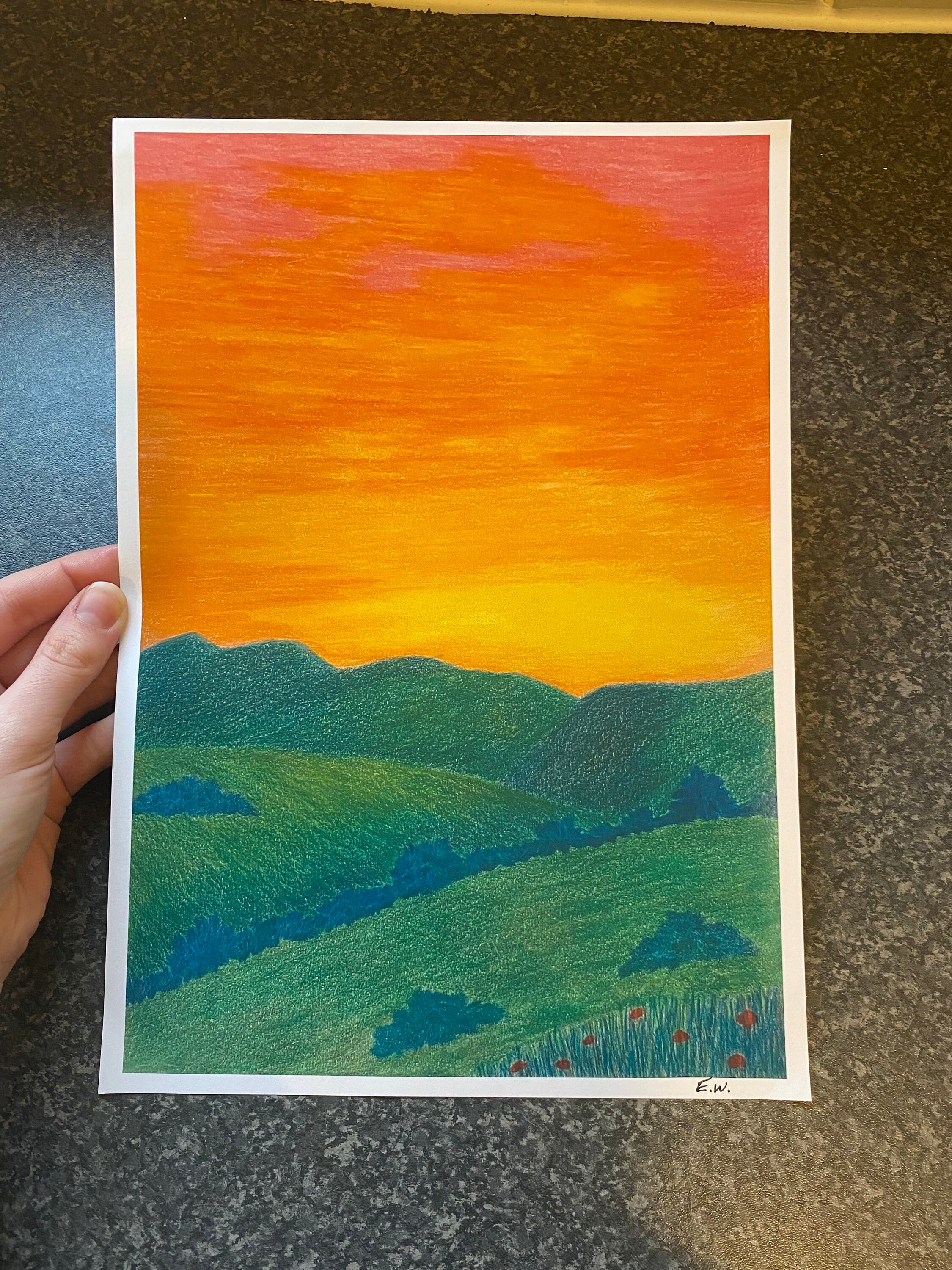 A4 Art Print of Sunset Landscape Drawing - Etsy
