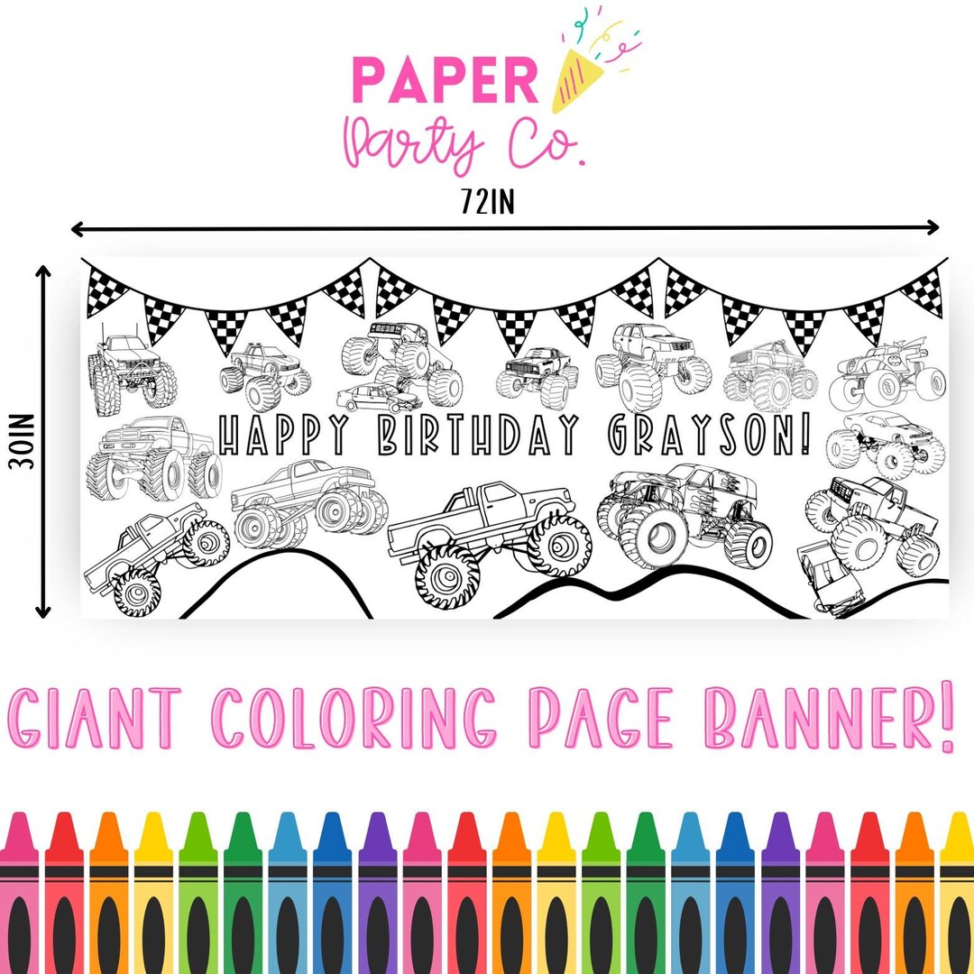 LARGE Monster Truck Coloring Banner Poster Coloring Table Runner ...