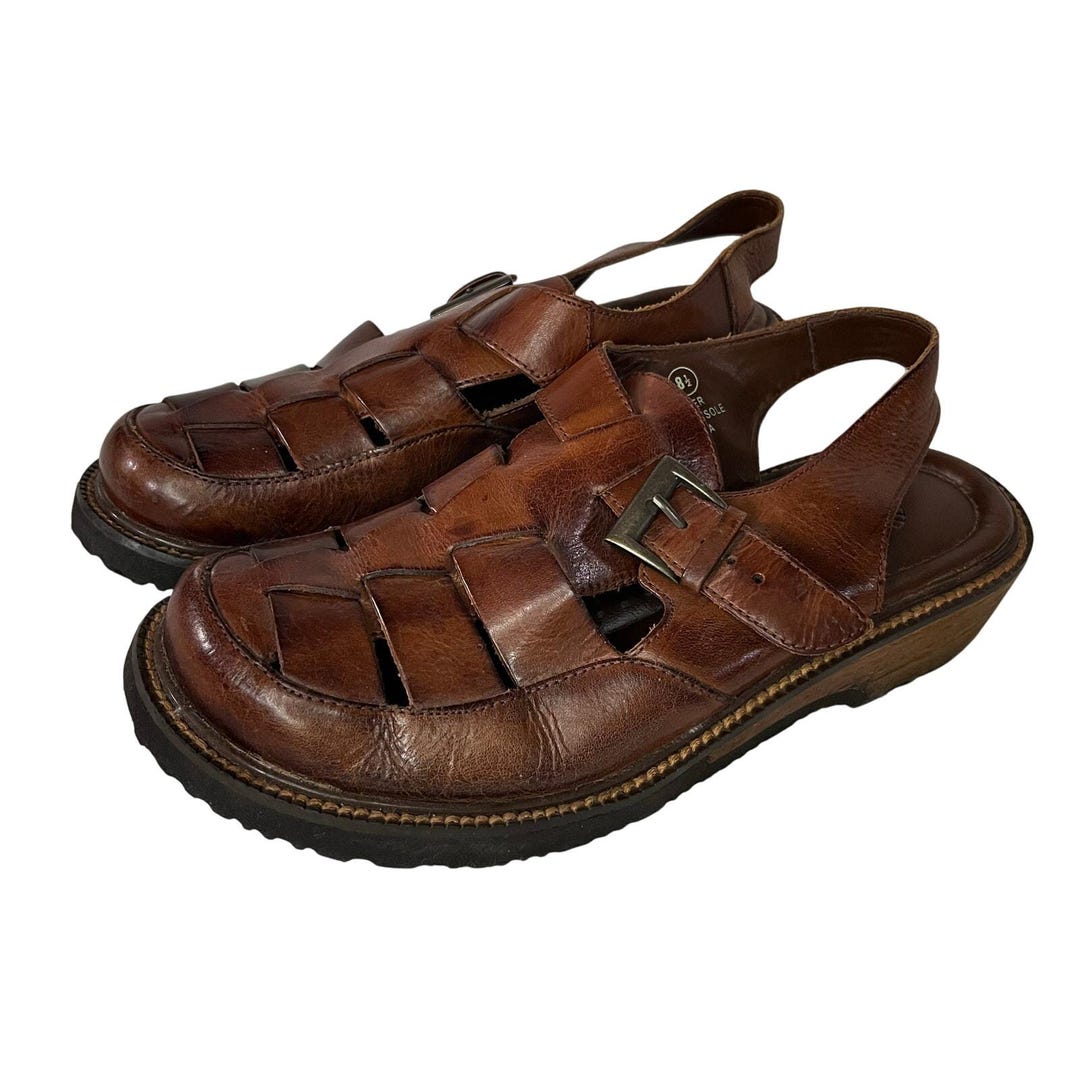 Vintage Earth Shoe Slingback Fisherman Sandal Brown Leather Clog Heel ...