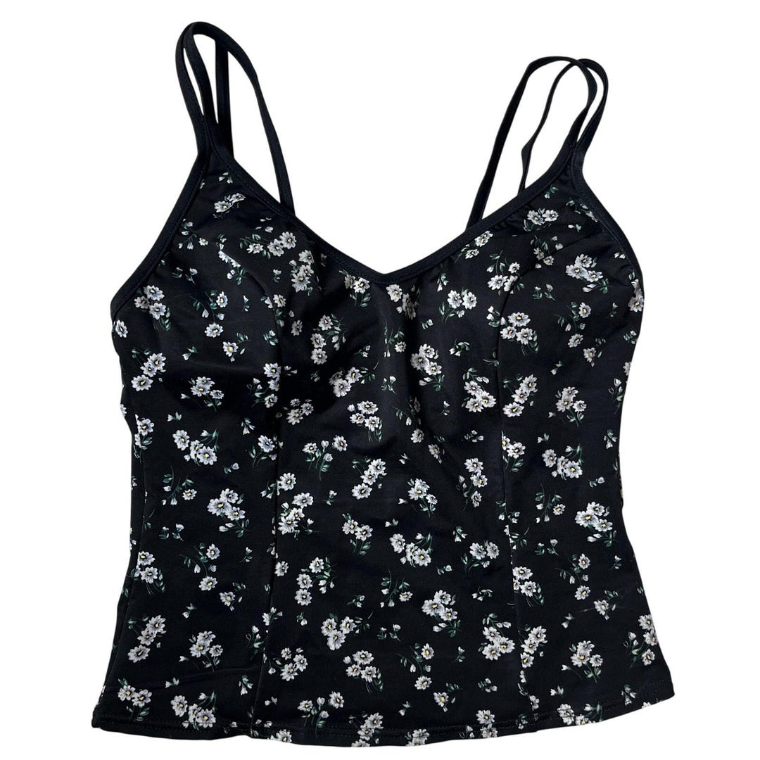 Vintage Miraclesuit Black White Floral Built in Bra Tankini Swim Top ...