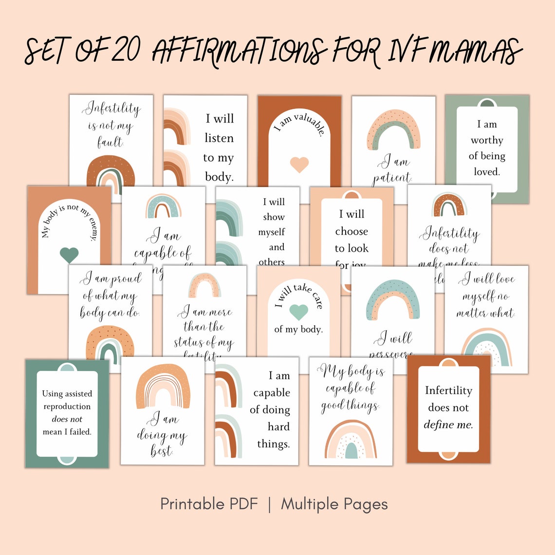 20 IVF Affirmation Cards: Infertility Encouragement, Boho Rainbow ...