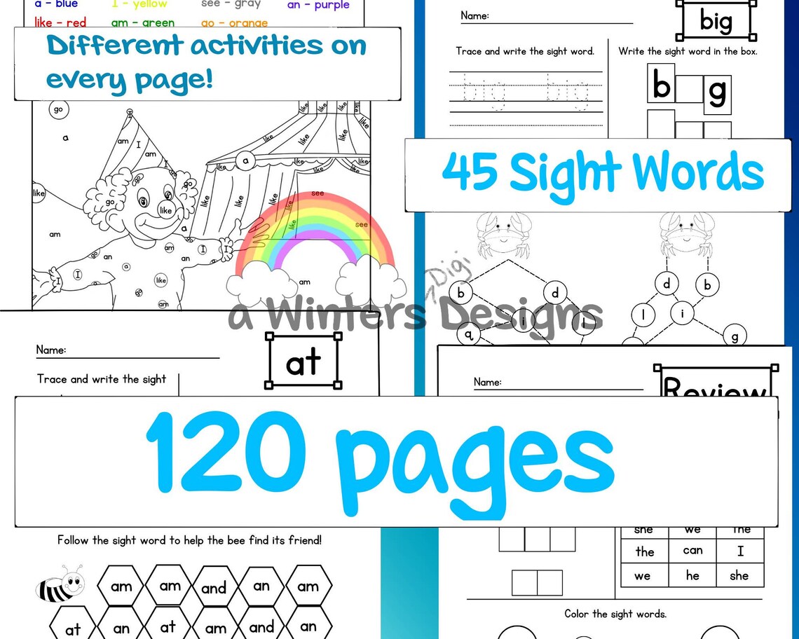 Kindergarten First Grade Dolch Fry Sight Words, 45 Sight Words ...