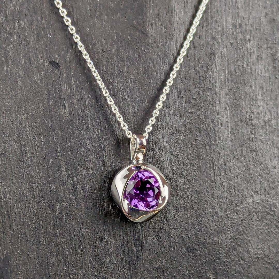 Elegant Necklace real Silver With Real Amethyst 8 Mm in Silver Setting ...