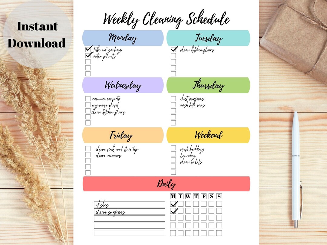 Printable Cleaning Schedule, Cleaning Checklist, Weekly Cleaning ...