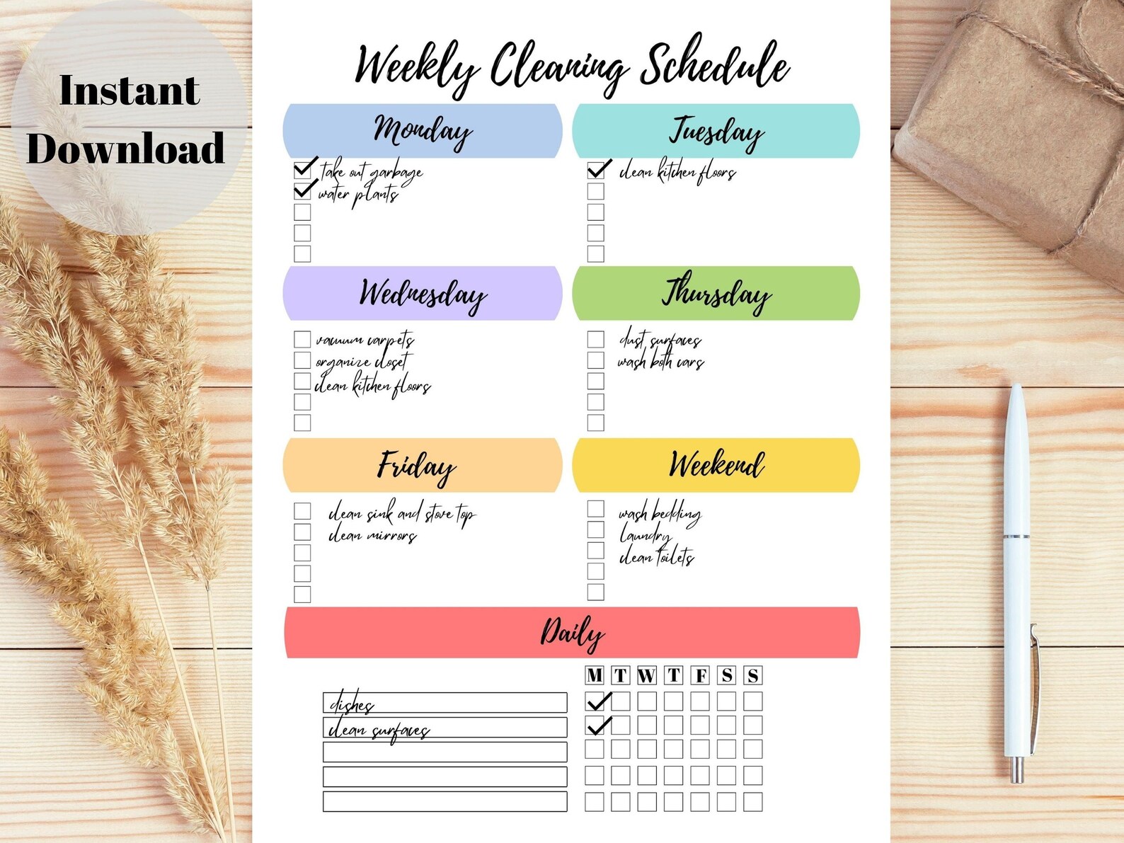 Printable Cleaning Schedule, Cleaning Checklist, Weekly Cleaning ...