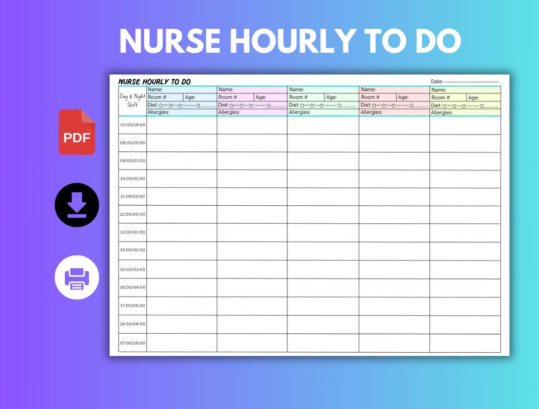 Nurse Hourly to Do Template , Nurse Shift Planner , 5 Patient ...