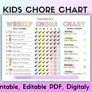 Editable Kids Chore Chart: Daily & Weekly Responsibility (PDF) - Etsy