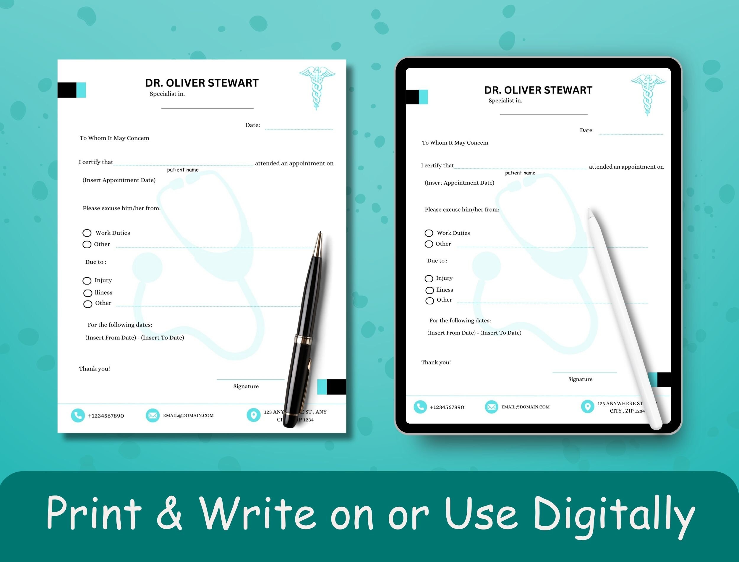Fillable Doctor's Note Template for Work/school (PDF & Canva) - Etsy