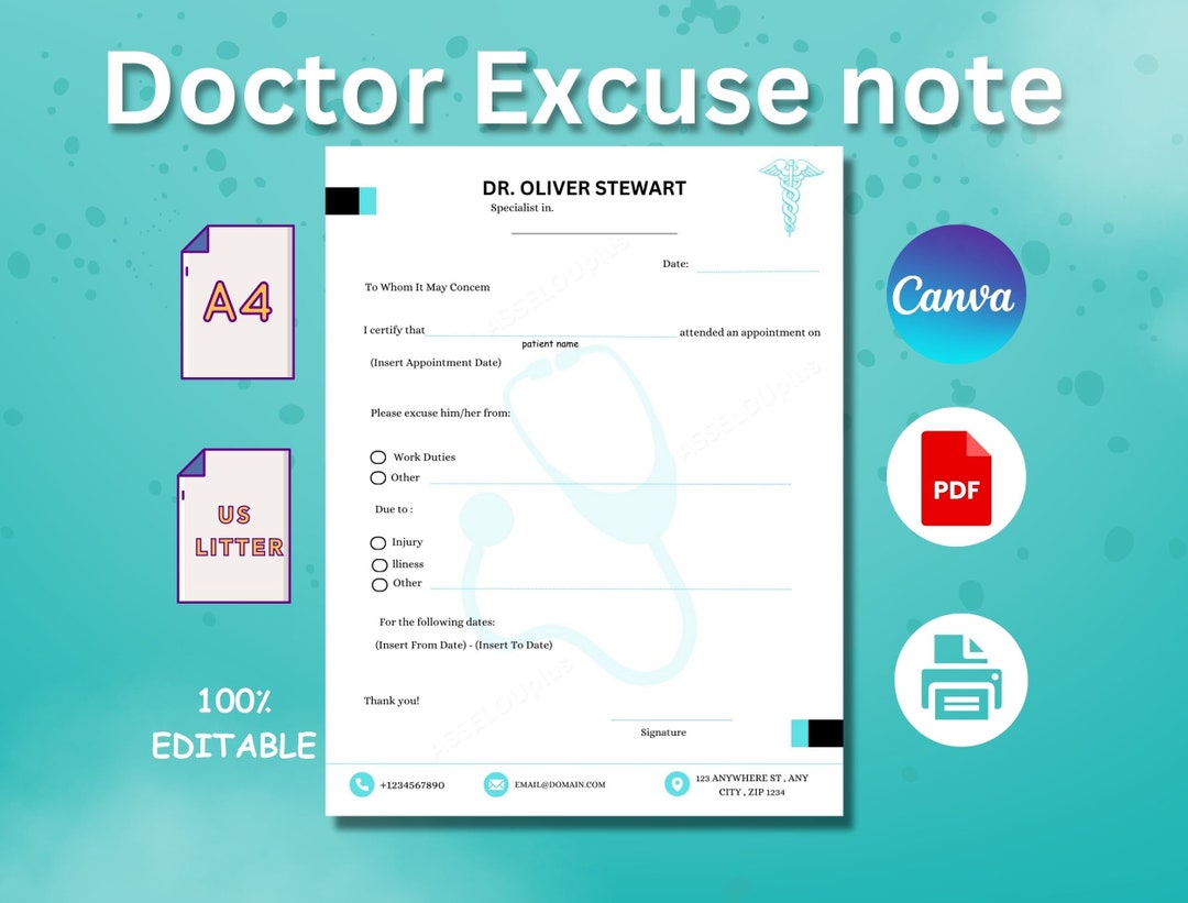Fillable Doctor's Note Template for Work/school (PDF & Canva) - Etsy