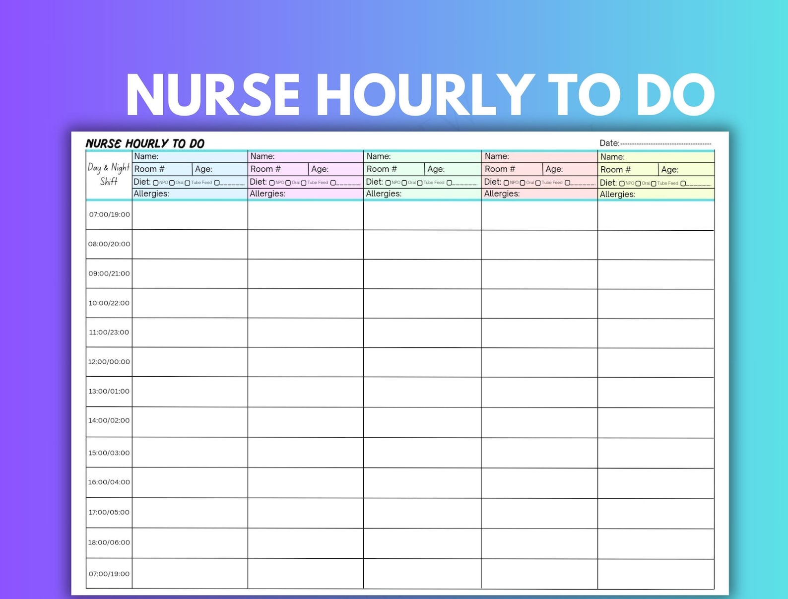 Nurse Hourly to Do Template , Nurse Shift Planner , 5 Patient ...