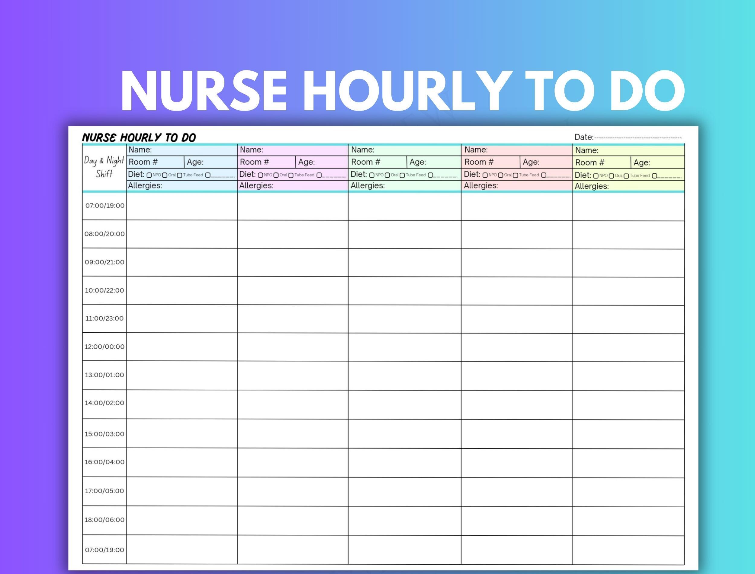 Nurse Hourly to Do Template , Nurse Shift Planner , 5 Patient ...