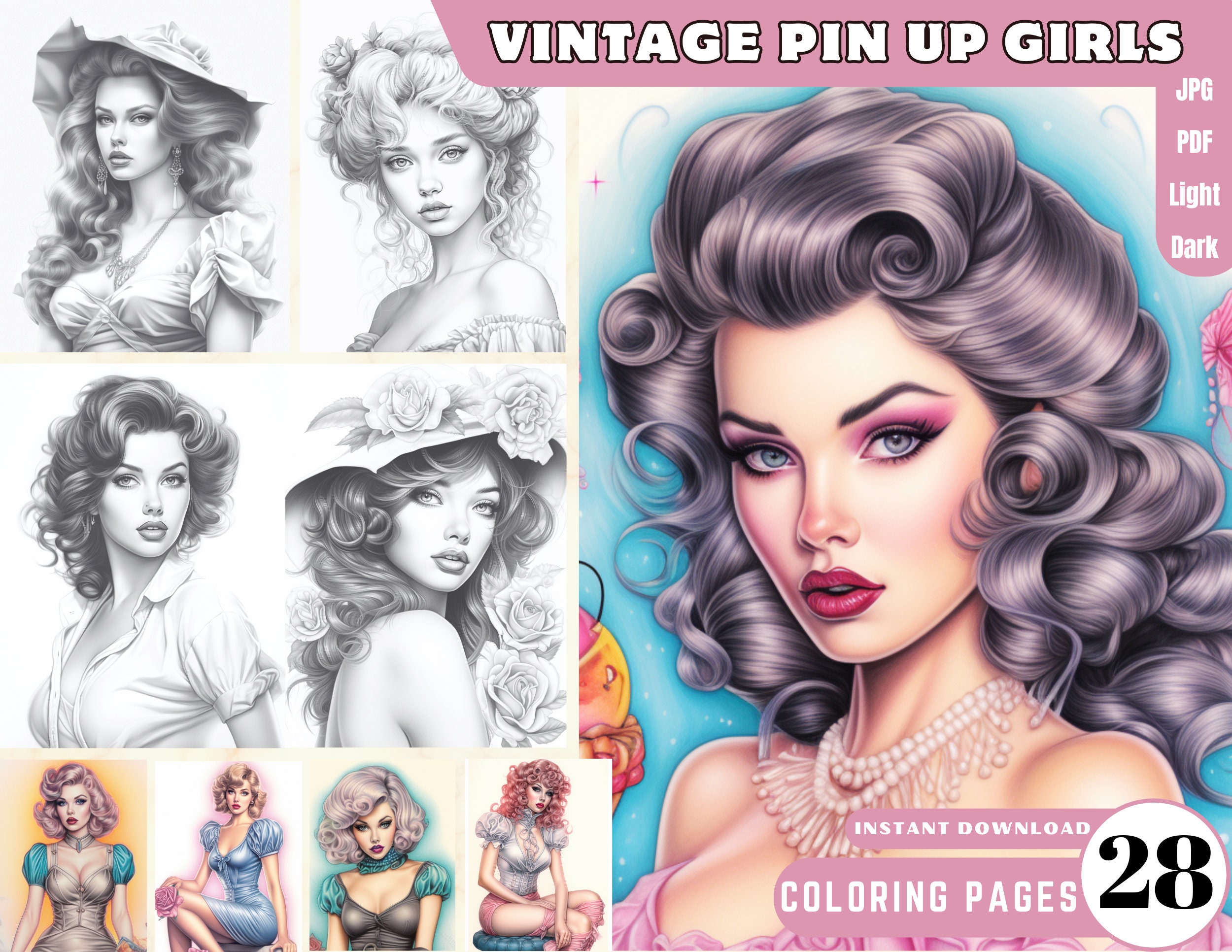 28 Vintage Pin Up Girls Grayscale Coloring Pages For Adults Etsy