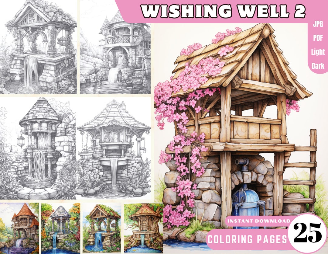 Wishing Well Grayscale Coloring Pages for Adults, Dark and Light ...
