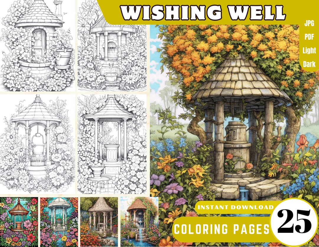 Wishing Well Grayscale Coloring Pages PDF and JPG File - Etsy