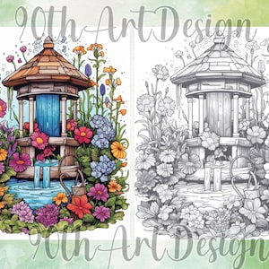 Wishing Well Grayscale Coloring Pages PDF and JPG File - Etsy