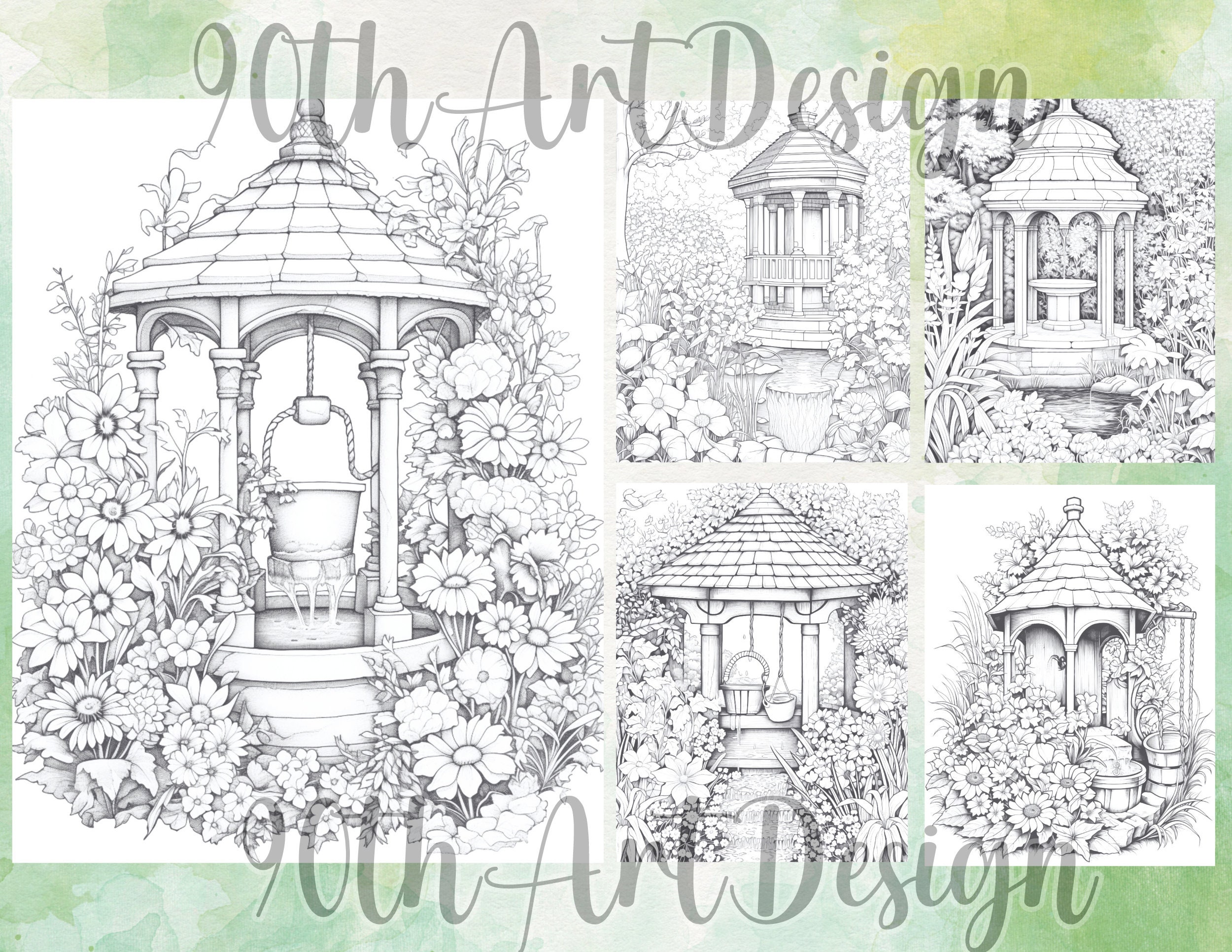 Wishing Well Grayscale Coloring Pages PDF and JPG File - Etsy