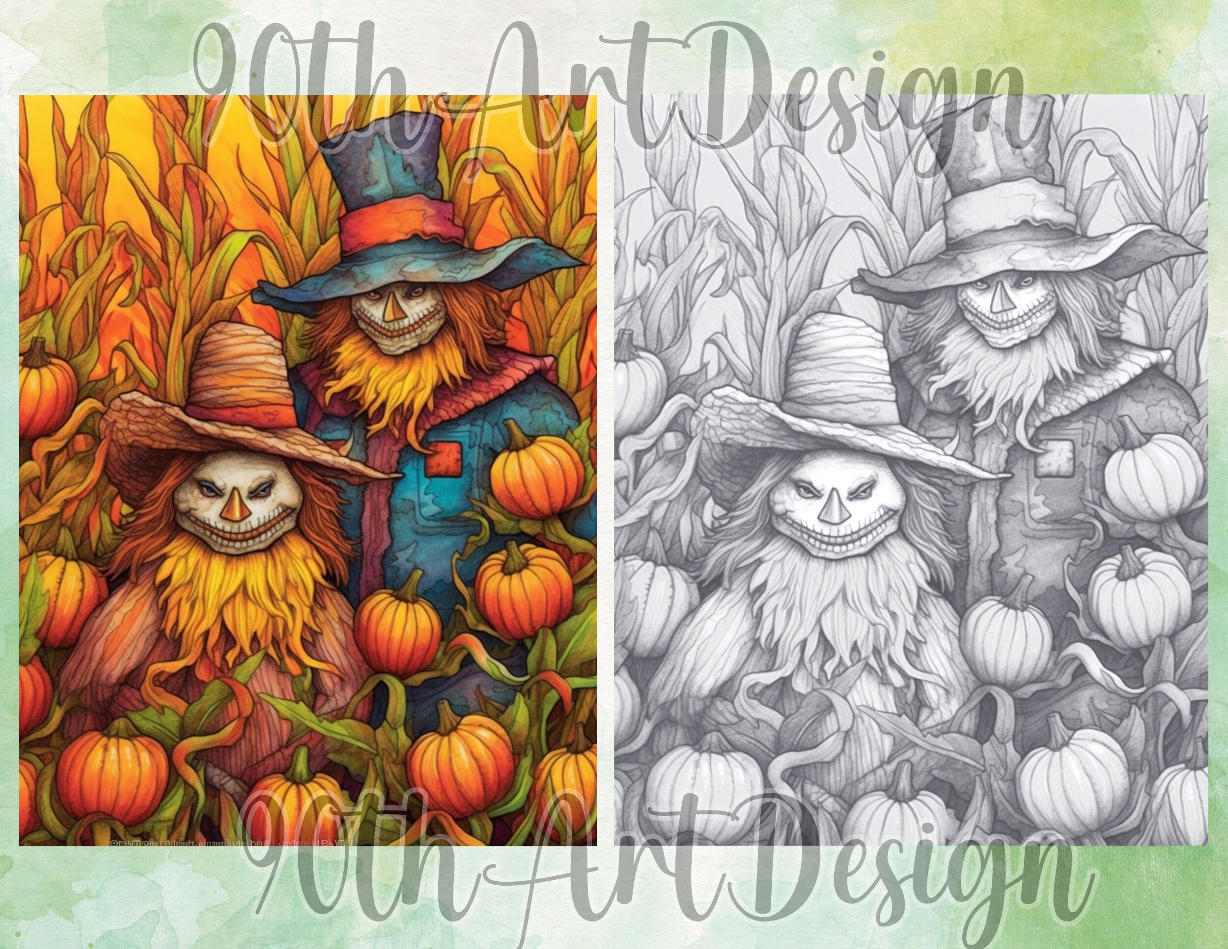 Scary Scarecrows Grayscale Coloring Pages For Adults Dark And Etsy