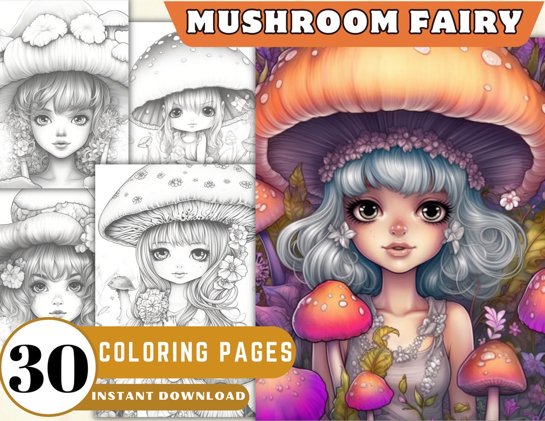 Mushroom Fairy Grayscale Coloring Pages Fairy Tale Coloring - Etsy