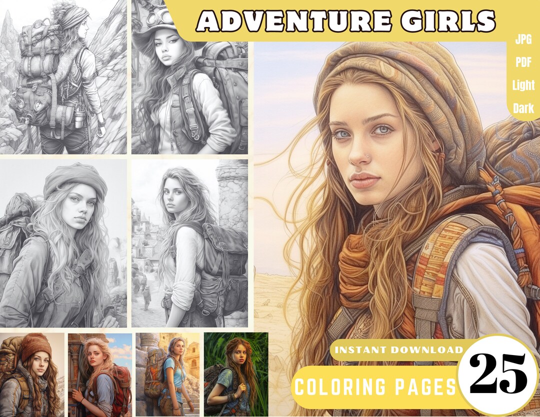 Adventure Girls Grayscale Coloring Pages for Adults Dark and - Etsy
