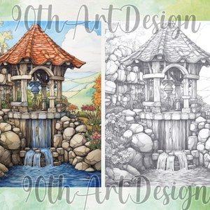 Wishing Well Grayscale Coloring Pages for Adults, Dark and Light ...
