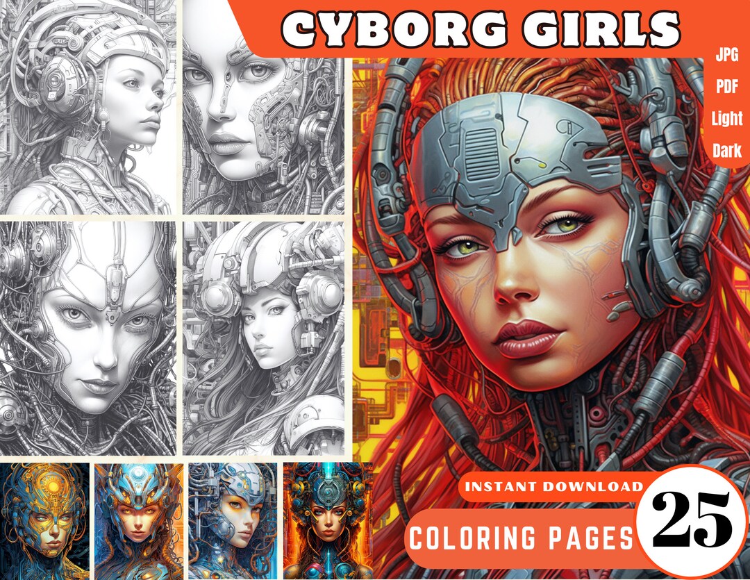 Cyborg Girls Grayscale Coloring Pages for Adults Dark and - Etsy