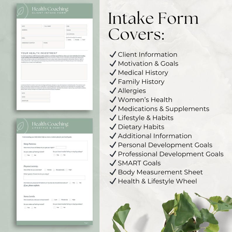 Health Coach Intake Forms, New Client Questionnaire, Wellness Coaching ...