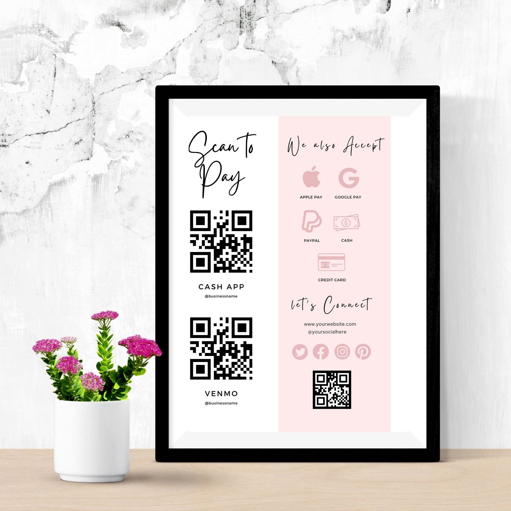 Pink Scan to Pay Template Canva, Custom QR Code, Pay Here Sign, Hair ...