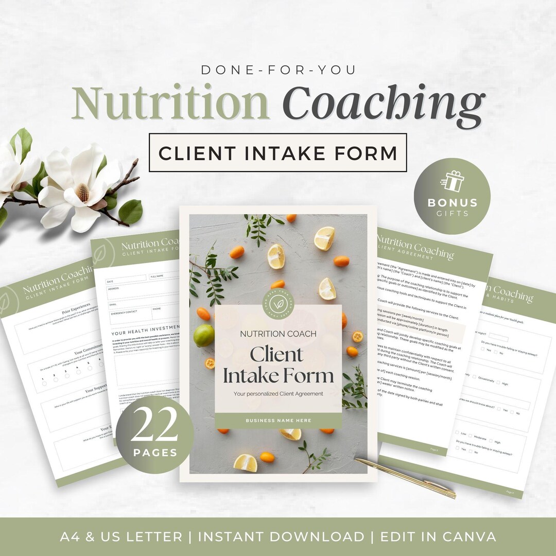Nutrition Coach Intake Form Editable Client Agreement Template Health ...