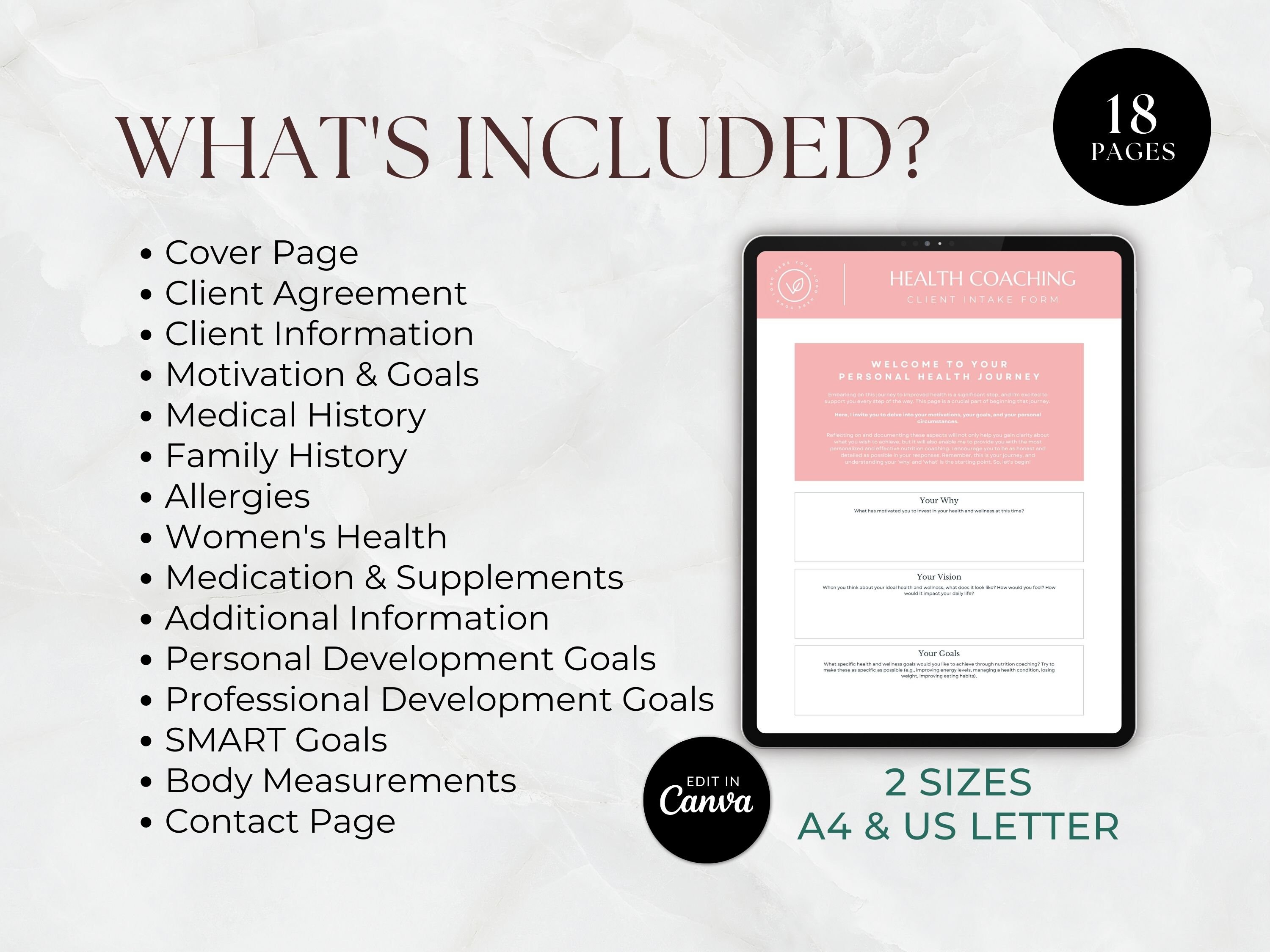 Health Coach Intake Form, Client Questionnaire, Consultation, Welcome ...
