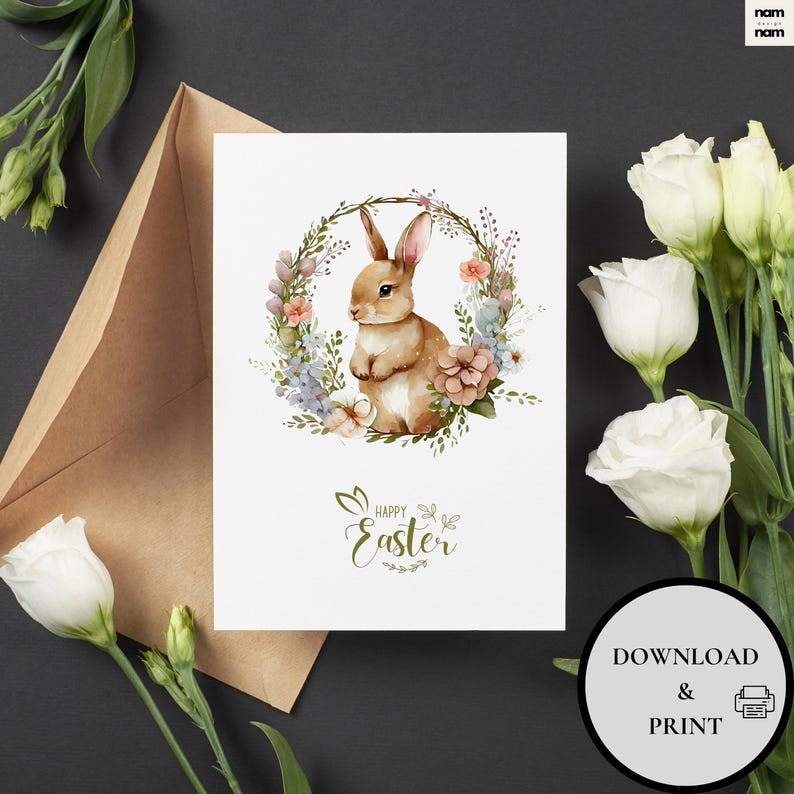 Printable Easter BUNNY Card HAPPY EASTER Printable Card Digital Easter ...