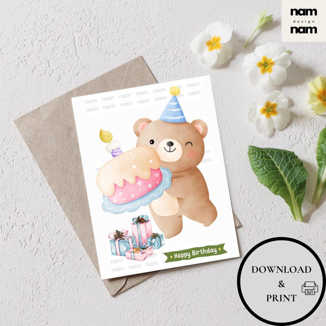 Teddy Bear Happy Birthday Card Digital Download Printable Birthday ...