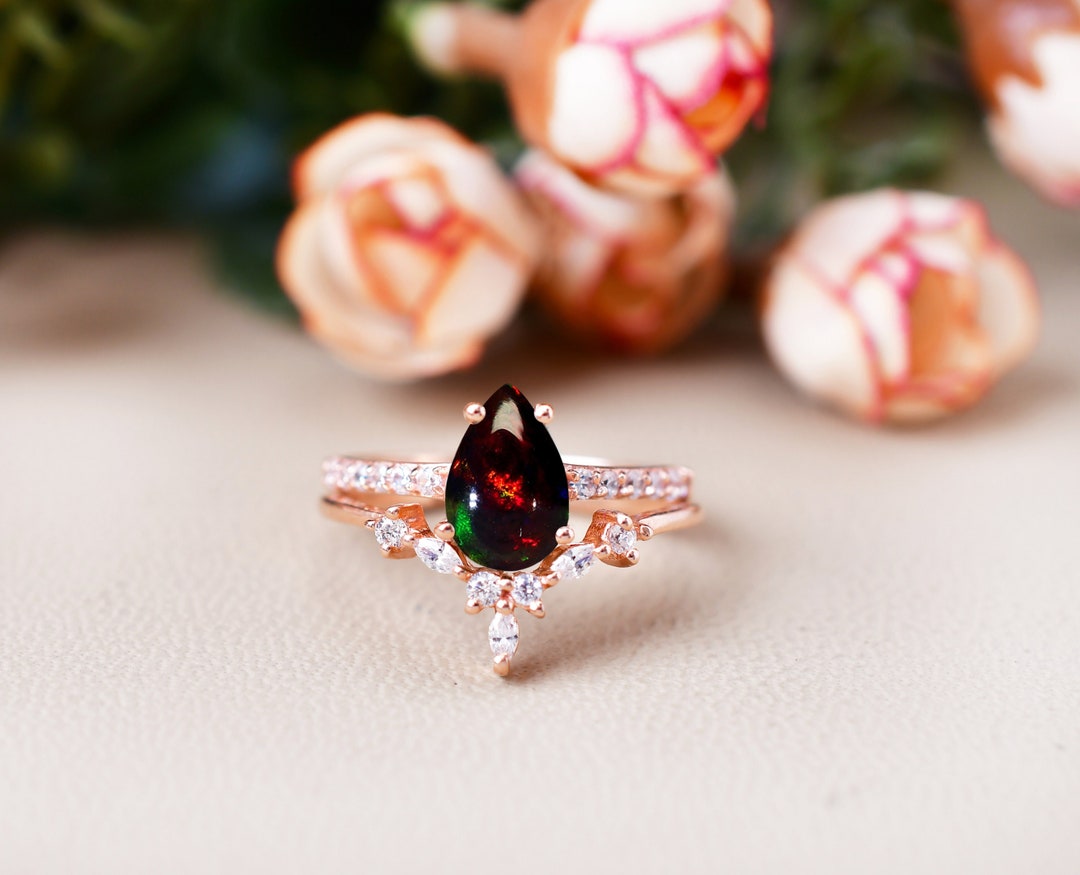 14K Rose Gold Black Opal Engagement Ring Set, Opal Wedding Ring Set ...