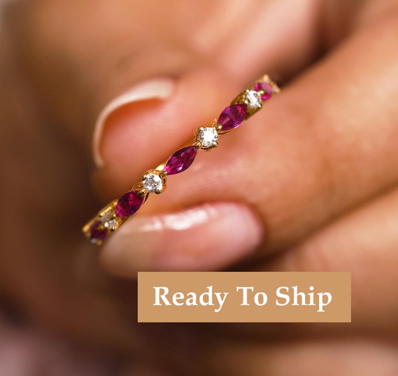 Ruby Eternity Band Rings, Marquise Cut, Diamond Ruby Bands, Dainty ...