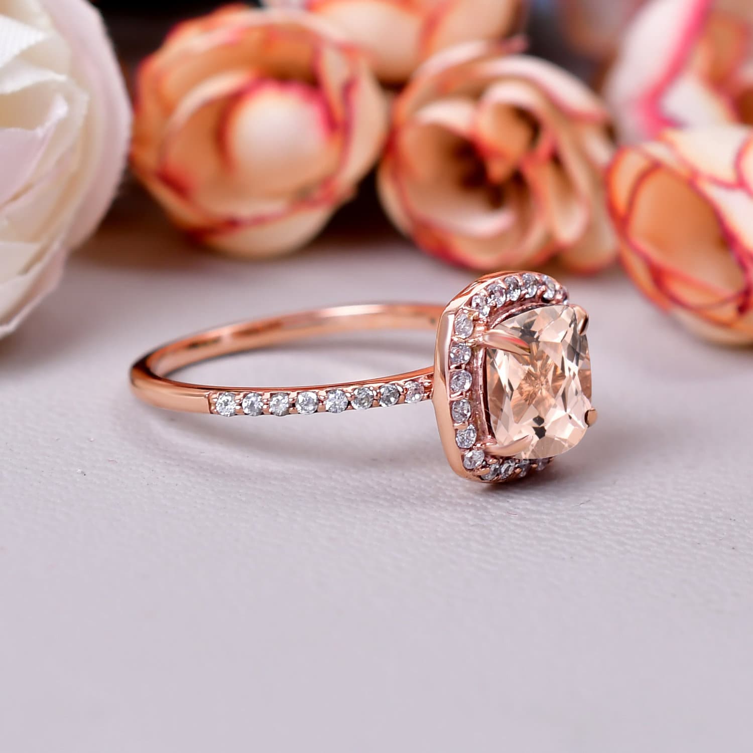 Cushion Cut Morganite Ring, 14K Rose Gold Morganite Engagement Ring ...
