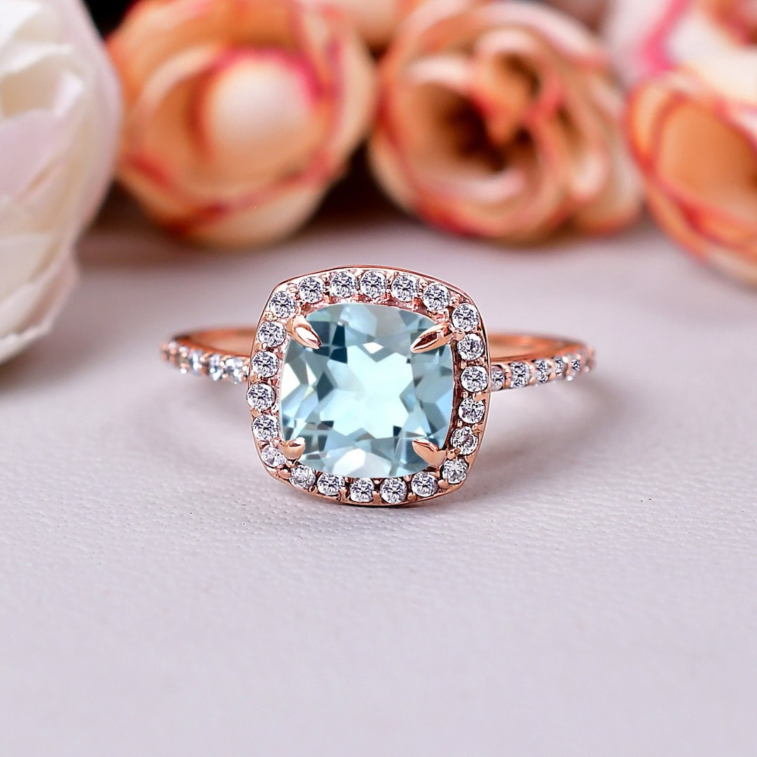 Cushion Cut Aquamarine Ring, Aquamarine Ring, Halo Aquamarine ...