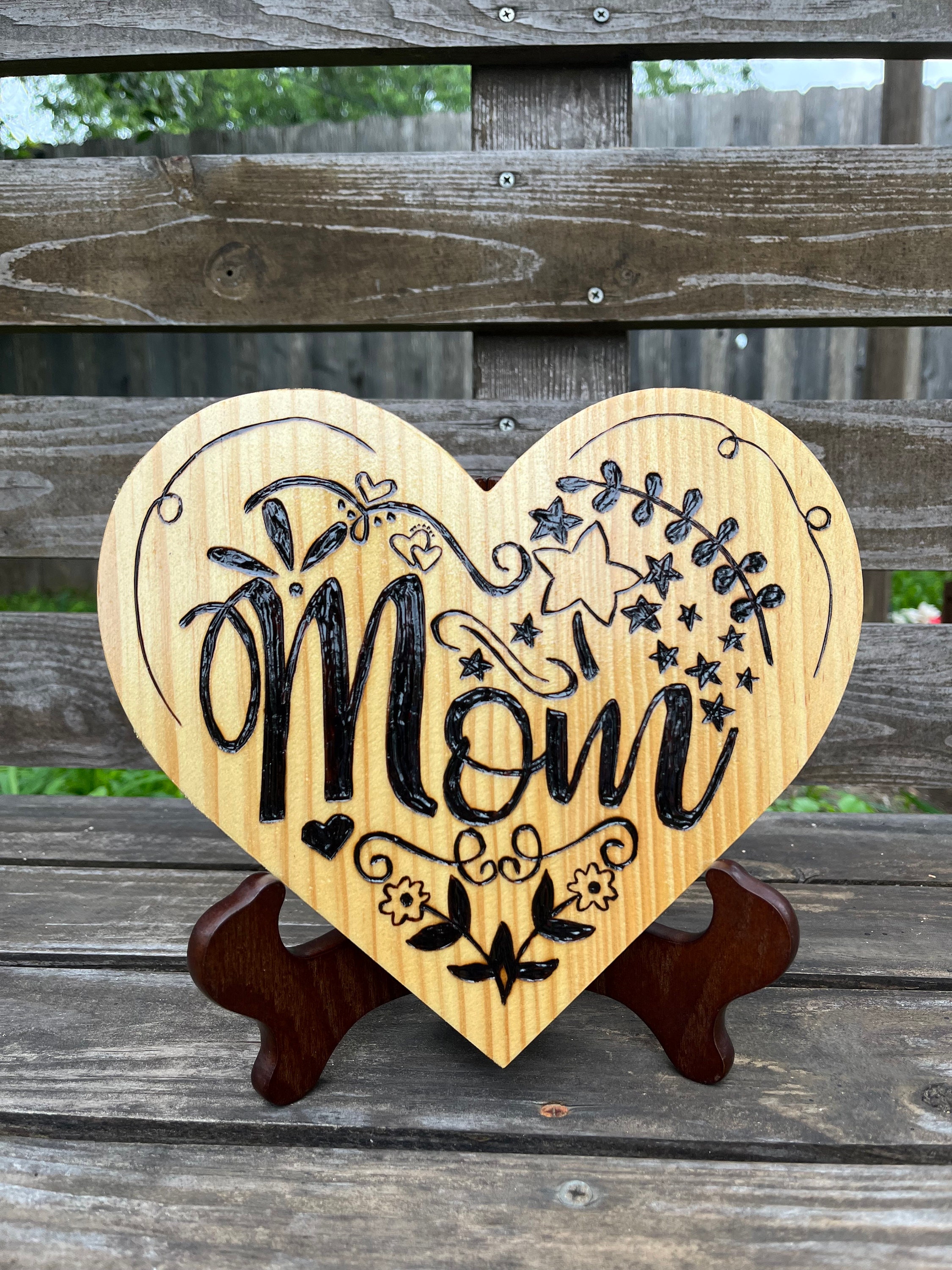 Mom Sign Mothers Day Wood Burning Wood Carving Heart Etsy