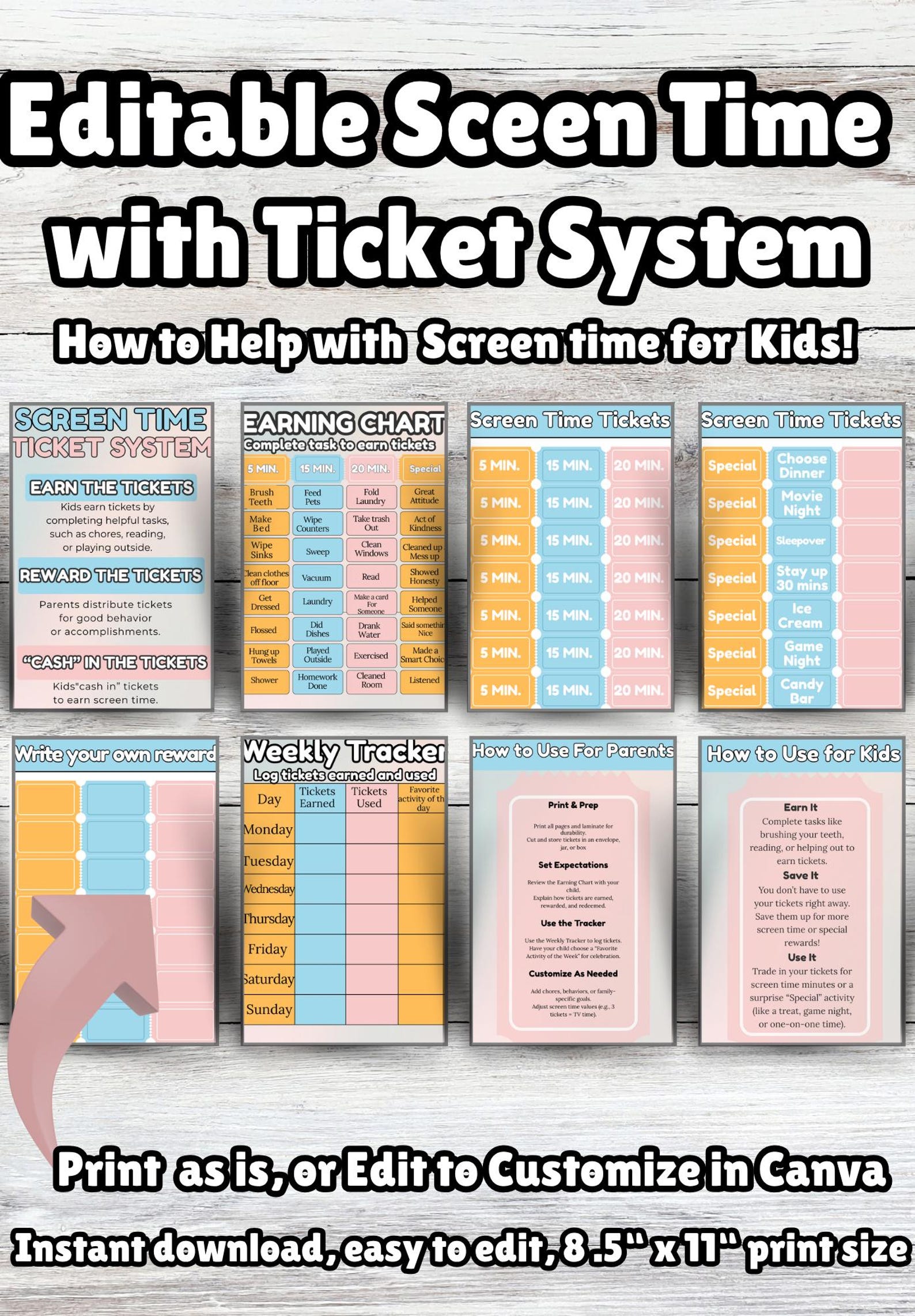 Screen Time Ticket System: Editable Chore Chart & Reward Tracker ...