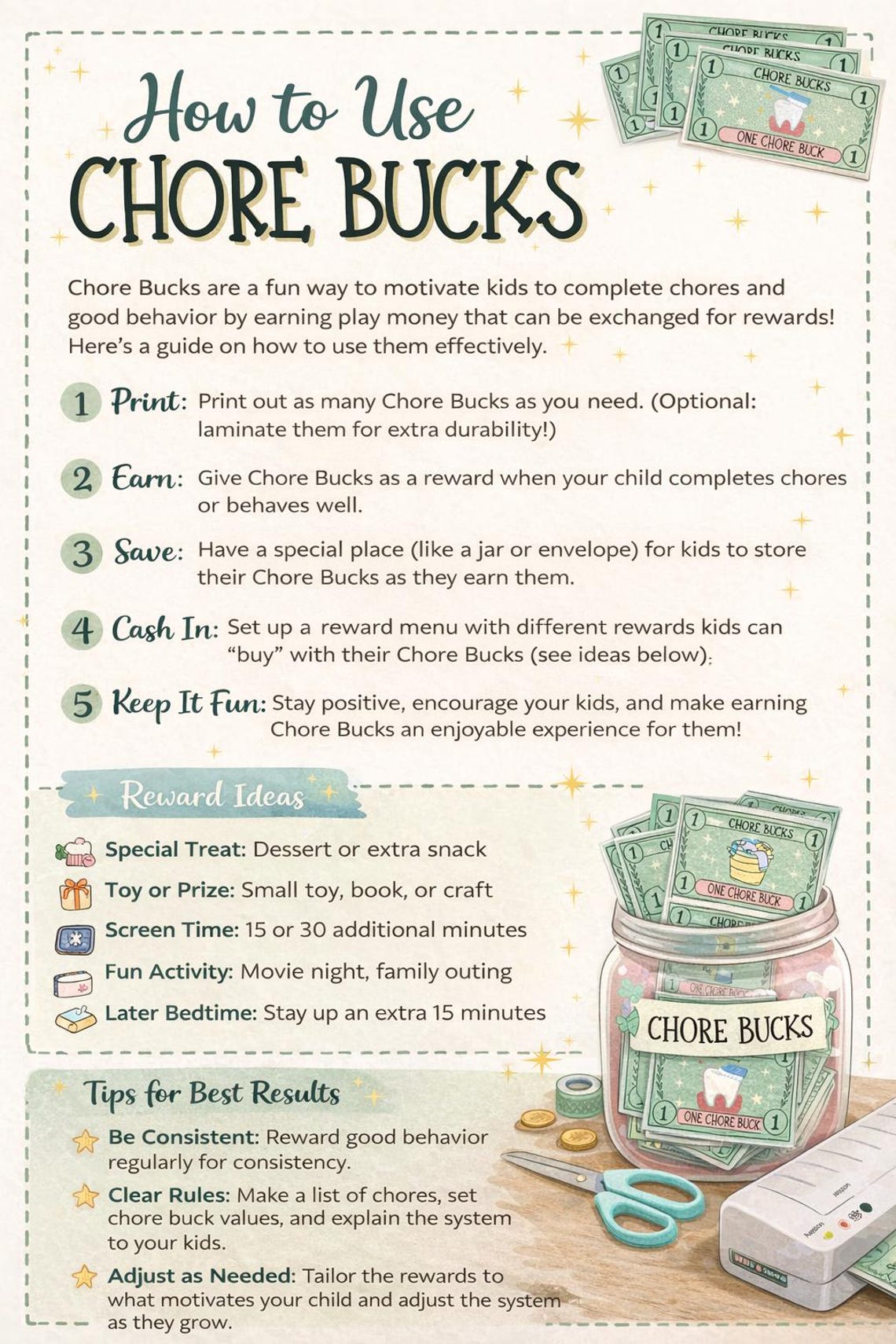 Printable Chore Bucks: Kids Reward Coupons - Green Pastel Design (PDF ...