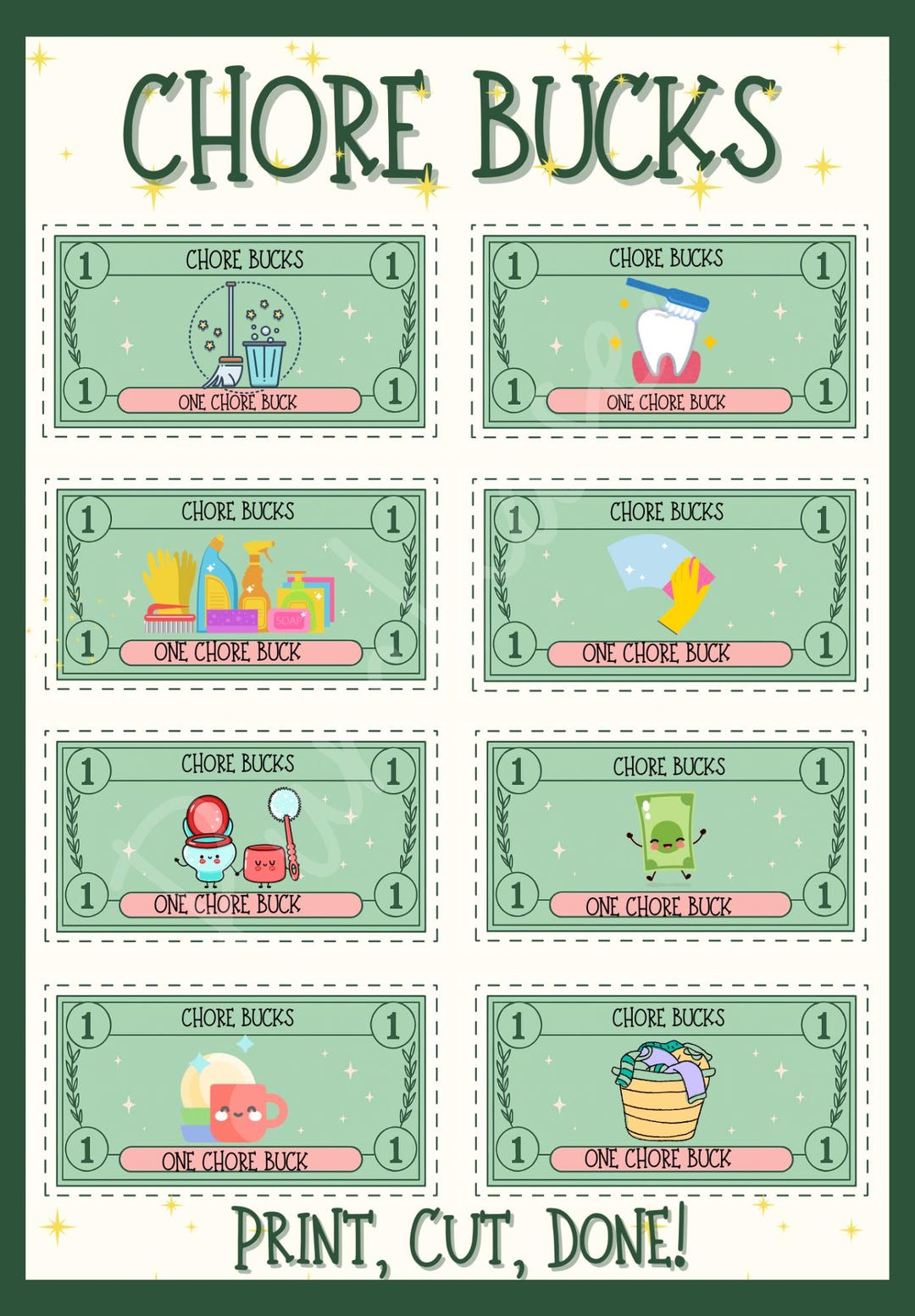 Printable Chore Bucks: Kids Reward Coupons - Green Pastel Design (PDF ...