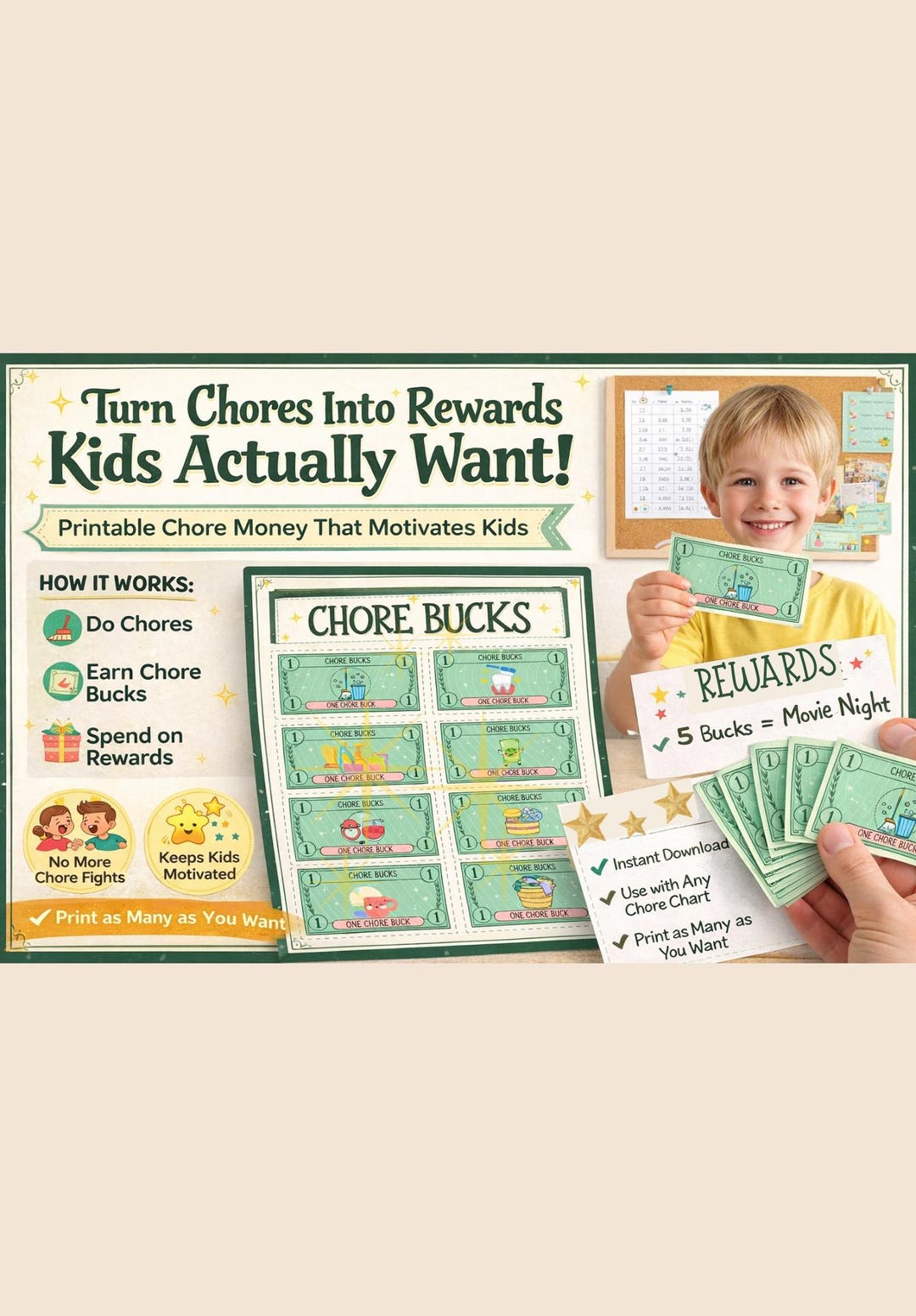 Kids Chore Bucks Printable – Reward Money System for Motivation (PDF ...