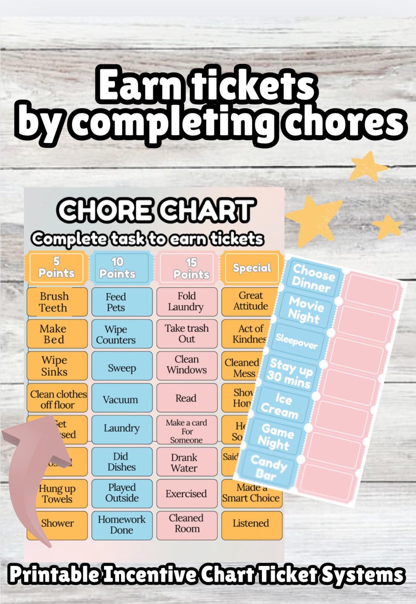 Editable Chore Chart With Ticket System for Kids | Reward Tracker ...