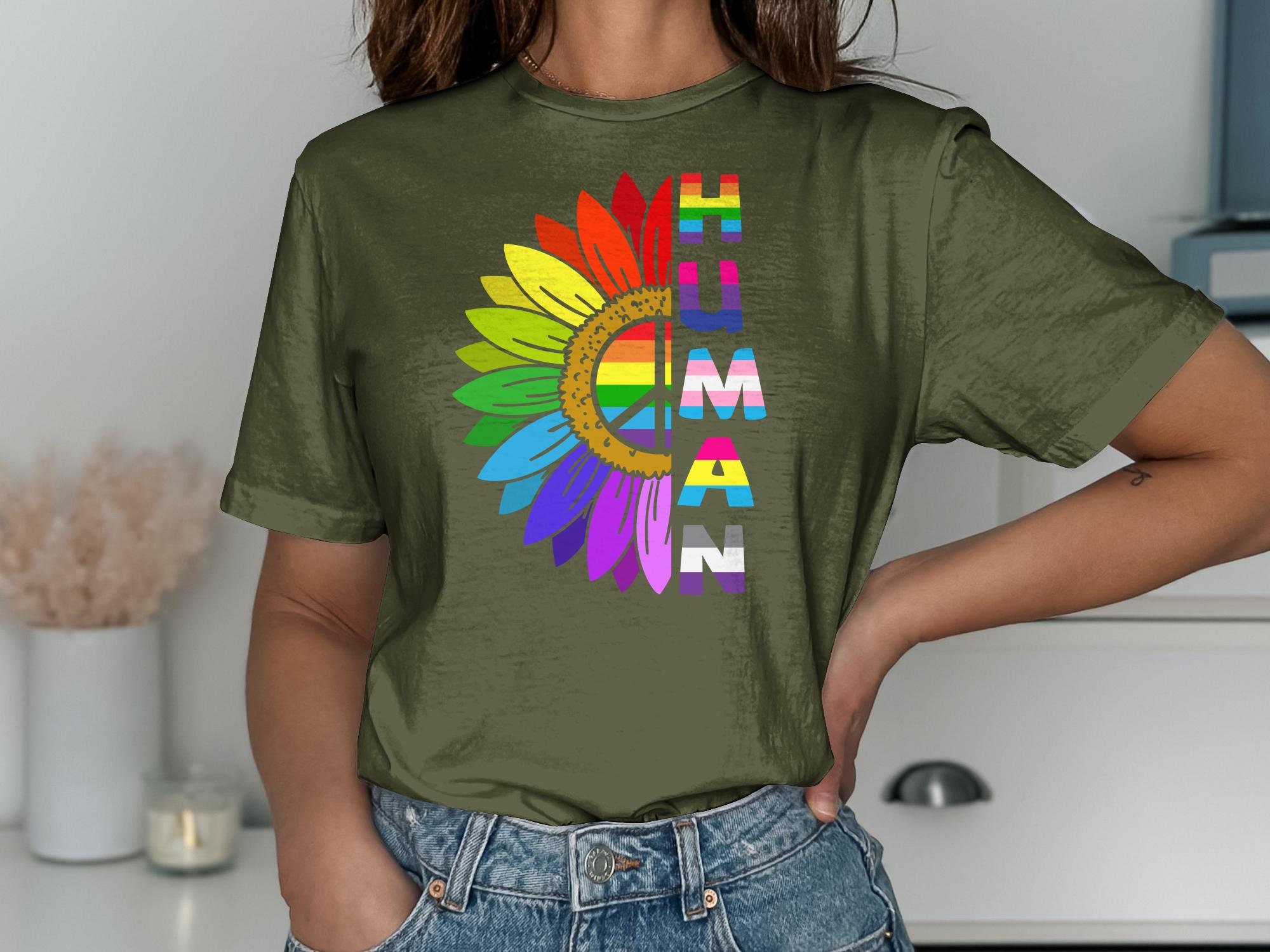 Rainbow Sunflower Graphic Tee, Colorful Human LGBT Pride T-shirt ...